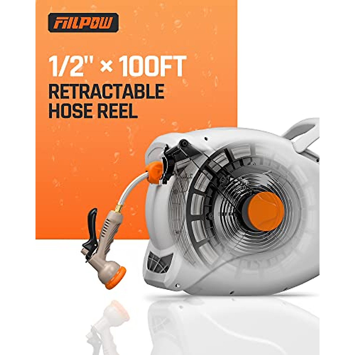 FIILPOW 100 FT 1/2" Retractable Garden Hose Reel, Any Length Lock, Heavy-Duty Wall Mounted Hose Reel with Automatic Rewind, Brass Connector, Adjustable Patterns, 180° Garden Watering & Car Washing