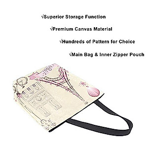 ZZKKO Paris Love Canvas Tote Grocery Bag Shoulder Casual Book Bag Large for Women Teachers, Eiffel Towel Cotton Bag Shopping Purse Handbag Reusable Multipurpose Use