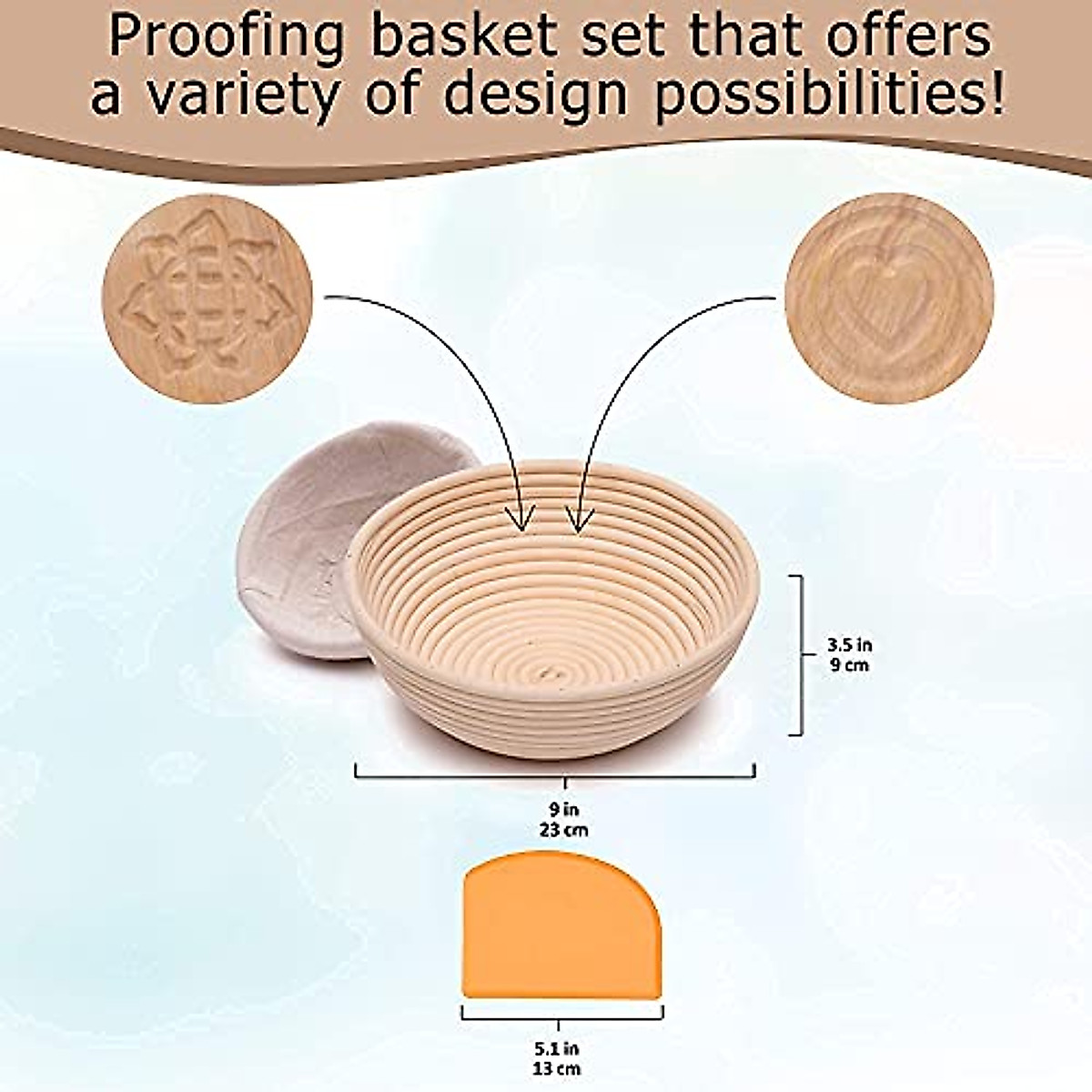 9 in Bread Proofing Basket Set - Make Sourdough Bread with our Banneton Basket and Removable Design Inserts Dough Scraper & Cloth Liner Gift for Bakers by Artizanka (Round Bottom Basket)