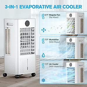 Windowless Portable Air Conditioner, 12H Timer & 2-Gal Tank, 3-IN-1 Portable AC Unit with Remote, 75°Oscillation, 3 Modes & 3 Speeds, Ultra-Quiet 24" Ventless Swamp Cooler for Room Home Office