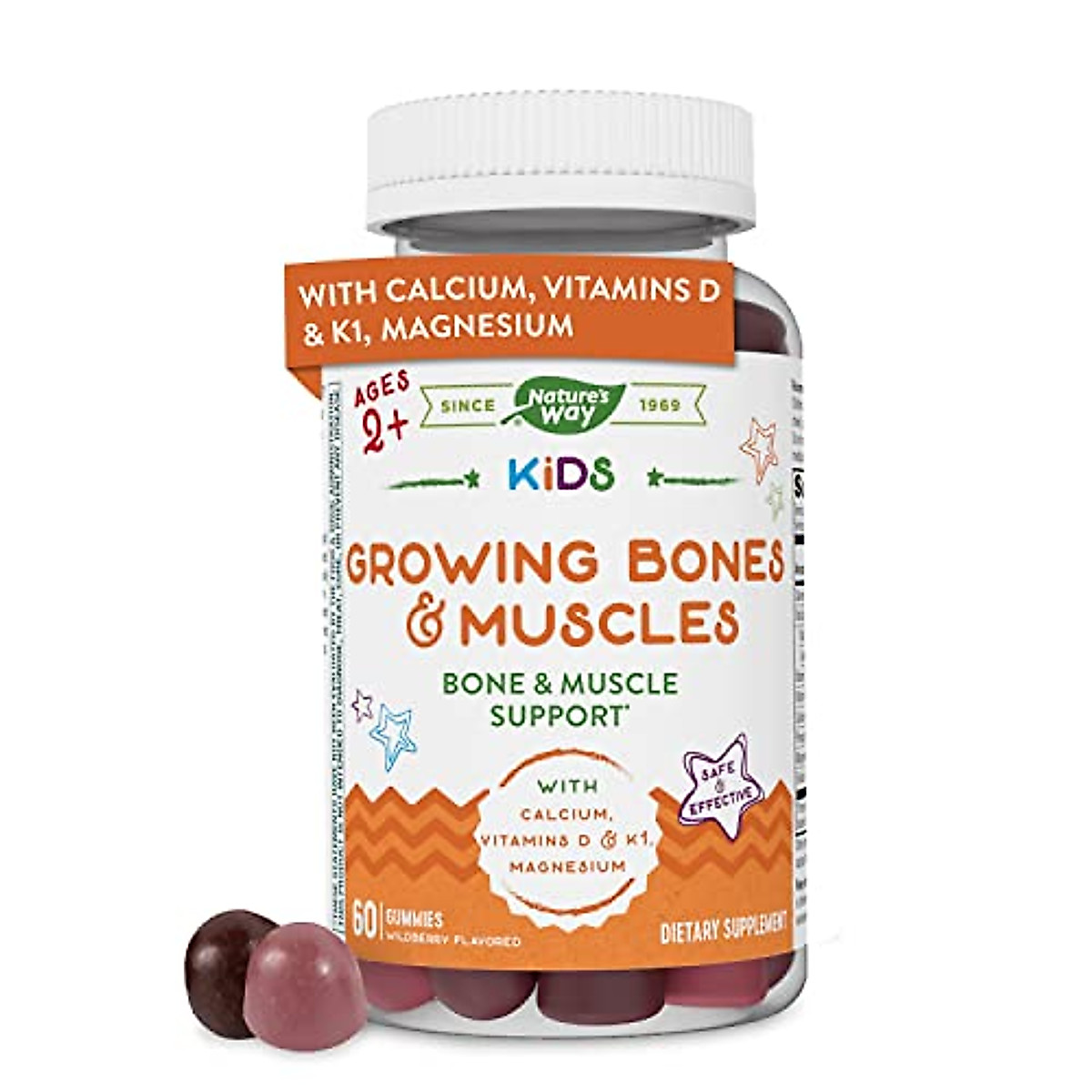 Nature’s Way Kids Growing Bones & Muscles, Calcium & Vitamin D, Ages 2+ Wildberry Flavor, 60 Gummies