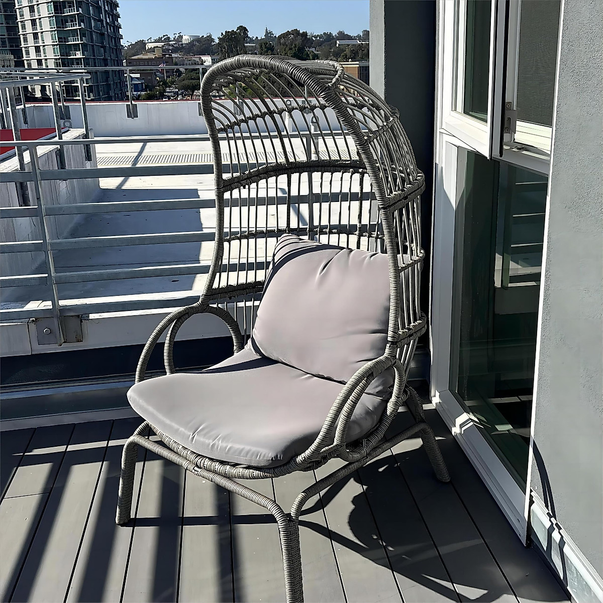 YITAHOME Outdoor Narrow Egg Chair Wicker, Patio Rattan Basket Chair with 370lbs Capacity Indoor Egg Chairs with Stand & Cushion Cocoon Chair for Bedroom, Patio, Balcony - Grey