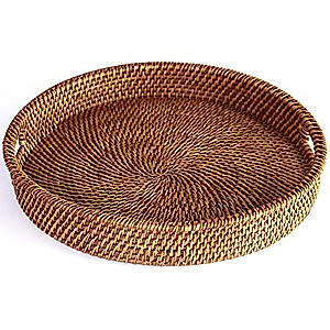 Hot Rattan Tray with Handle Hand-Woven Multi-Purpose Wicker Tray with Durable Rattan Fiber Round 14.2Inch Diameter