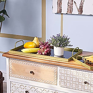 eodme Black Serving Trays Set of 2, Rectangle Glass Ottoman Tray with Metal Handle, Decorative Tray for Living Room Coffee Table 19.7''&15.7''