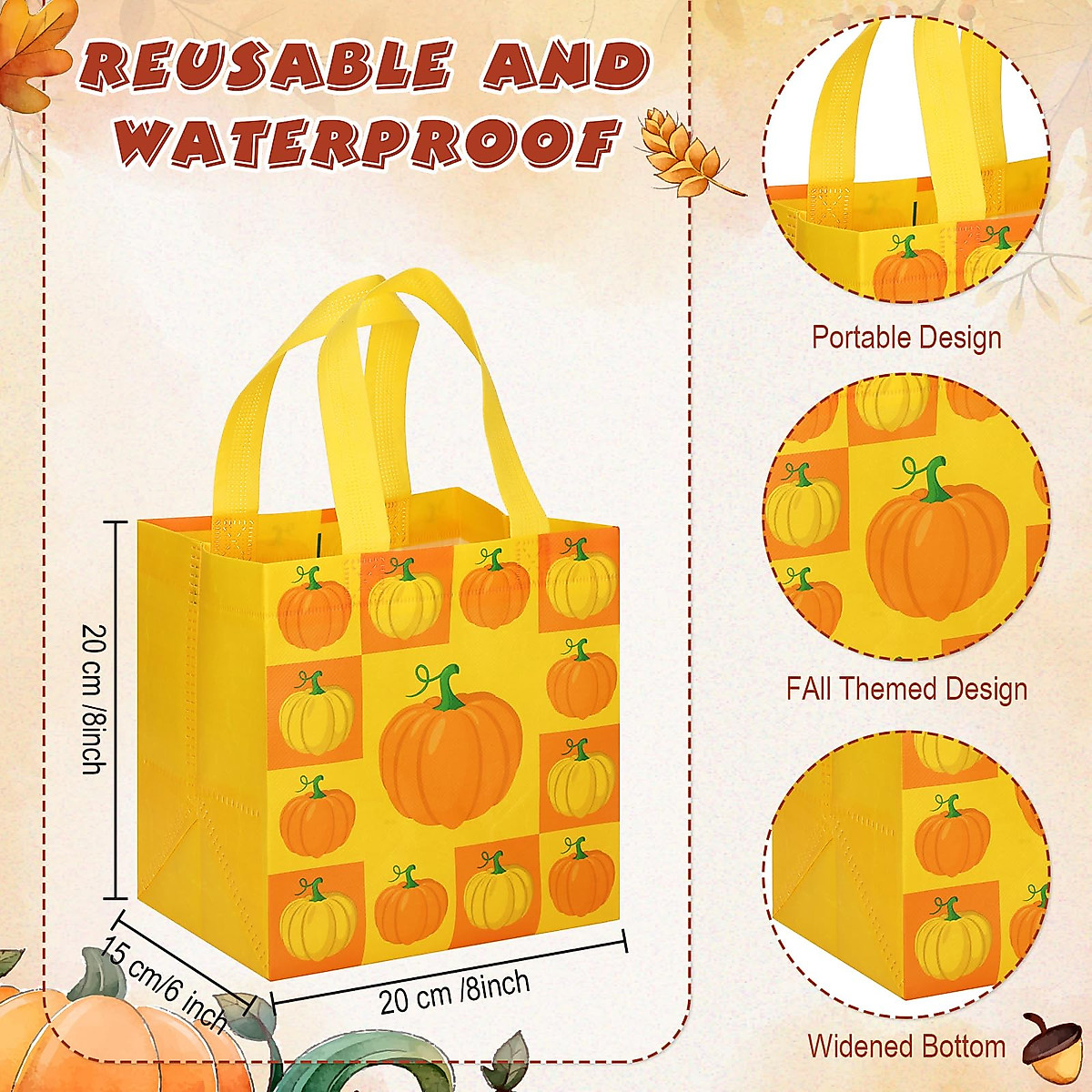 Sanwuta 48 Pcs Fall Non Woven Tote Bags Thanksgiving Party Bags with Handles Waterproof Autumn Treat Favor Bag Pumpkin Goodie Bag Gift Candy Bags Thanksgiving Party Favor Supplies (Simple Style)