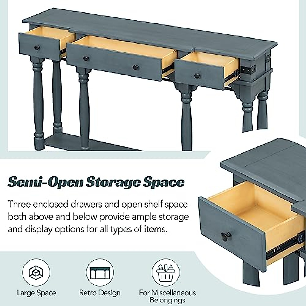 Bellemave Console Table Entryway Table with 3 Storage Drawers and Open Style Shelf Retro-Style Sofa Table for Living Room, Couch, Hallway, Foyer, Kitchen Counter (Dark Navy)