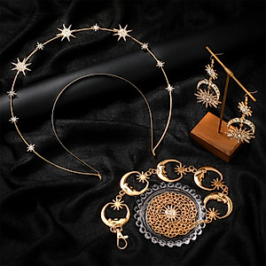 Cunno 3 Pieces Crown Earrings for Women Belt Chain Set Stars Crown Drop Earrings Moon Star Body Chain Belt (Elegant)