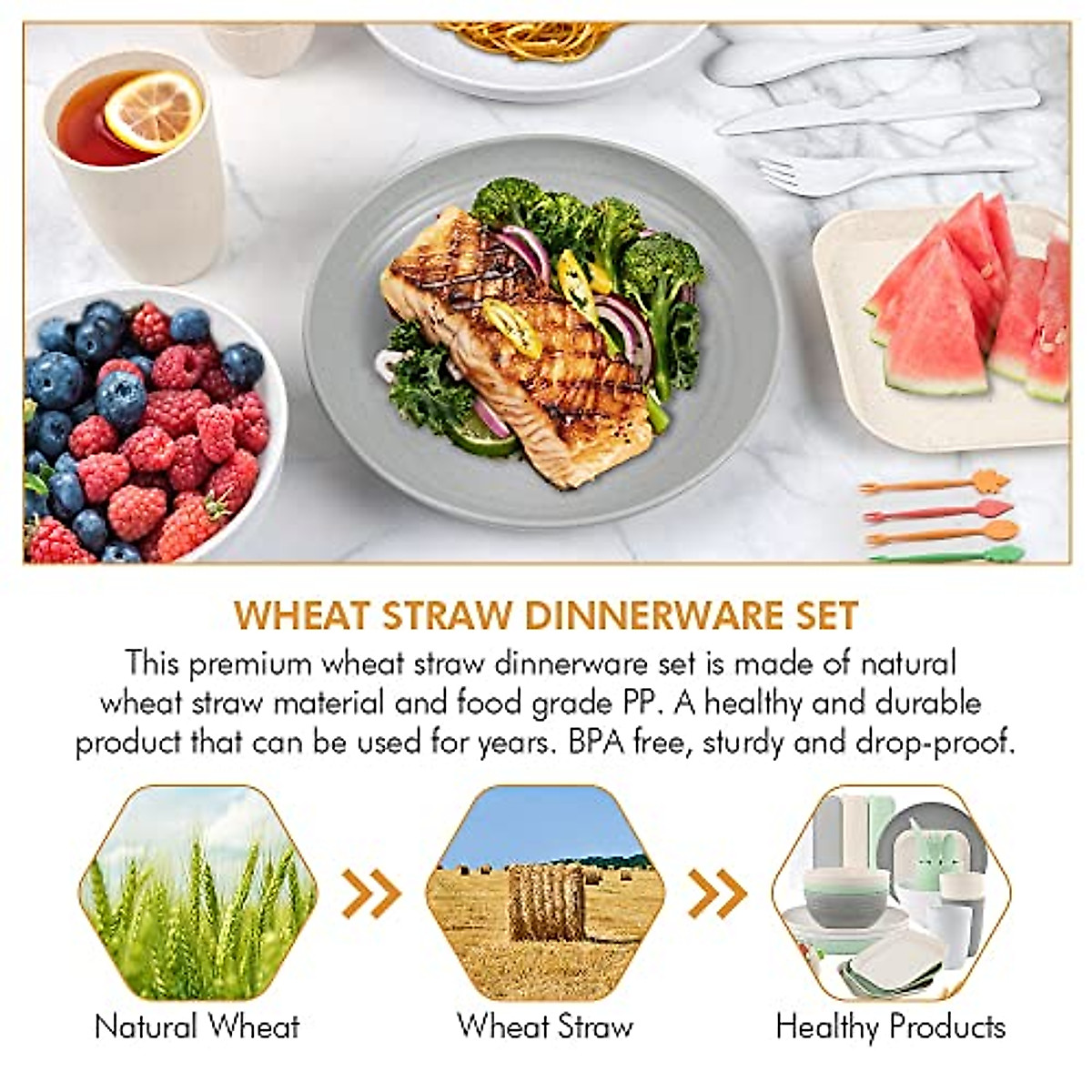 Wheat Straw Dinnerware Sets for 4, 48PCS Unbreakable Microwave Dishwasher Safe Dinnerware Set for Kids Adults, Reusable Lightweight Plates Cups and Bowls Set for Camping Kitchen Picnic Dorm Rv Dishes