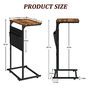 ZERDER C Shaped End Table, Small Side Table with Storage Bag for Couch, Sofa Table with Metal Frame for Living Room and Bedroom Bedside, Rustic Brown ZER-007Br