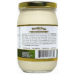 Renderings Beef Tallow, 100% Grass-Fed & Finished, Cooking, Baking and Frying, 14 oz jar