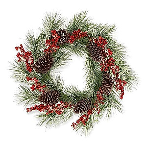 Glitzhome Christmas Artificial Wreath with Berry Pinecone for Front Door and Wall, 24" D