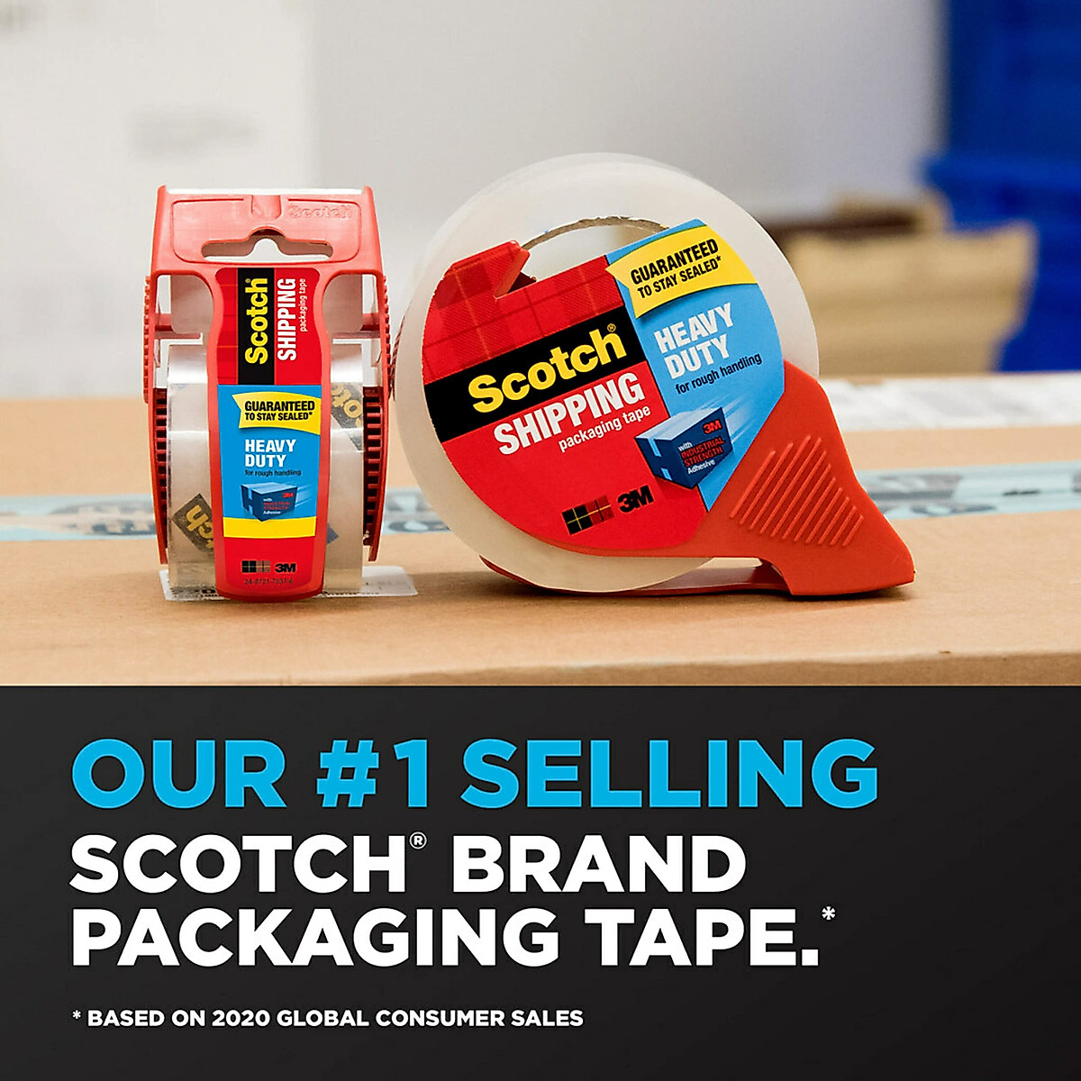 Scotch Heavy Duty Packaging Tape, 1.88" x 54.6 yd, Designed for Packing, Shipping and Mailing, Strong Seal on All Box Types, 3" Core, Clear, 2 Rolls w/Dispenser (3850-2ST)