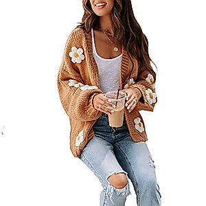 Women Crop Cardigan Sweater Long Lantern Sleeve 3D Flower Open Front Y2K Knit Cardigan Kawaii Crochet Sweater Tops (Camel+Flower, M)