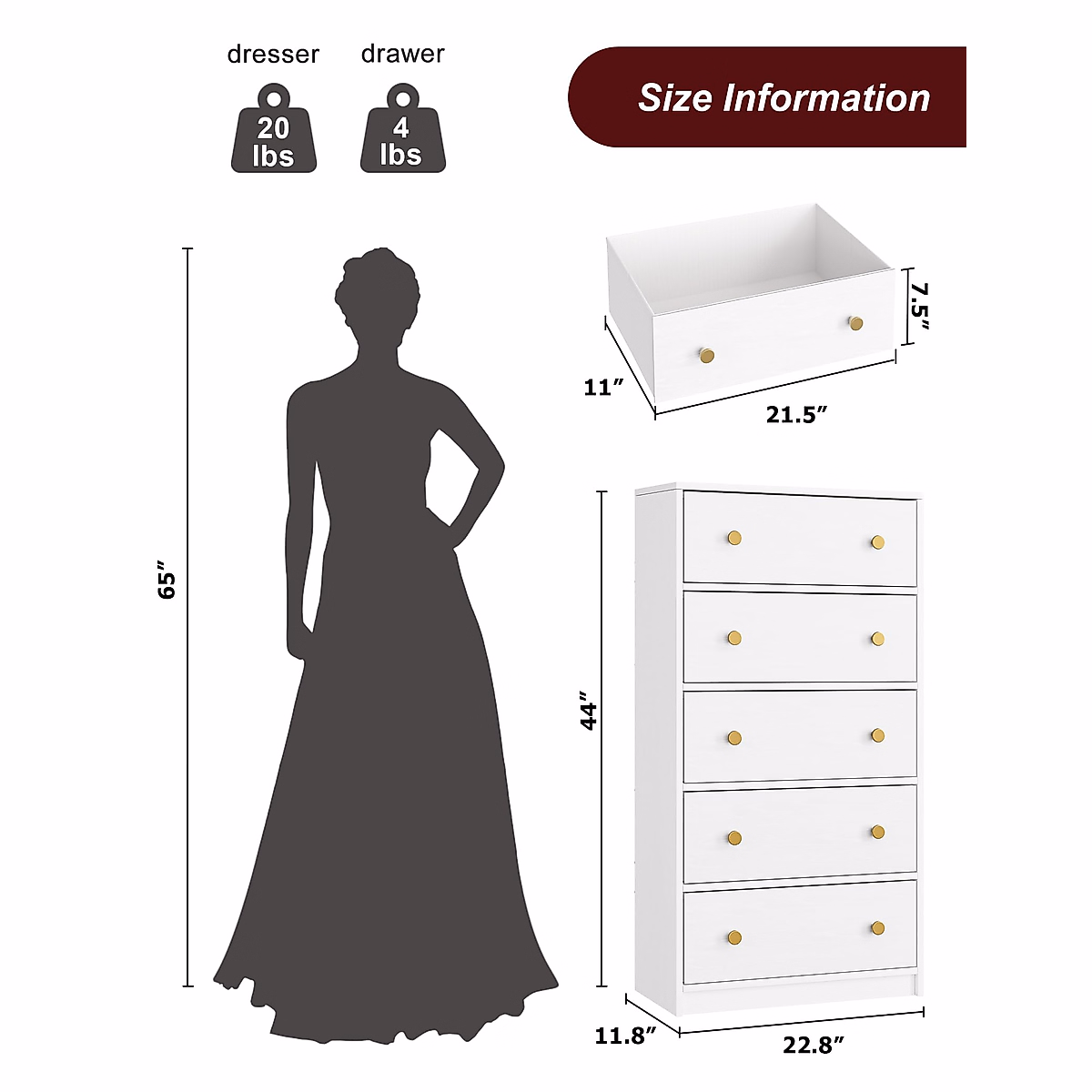 Nicehill White Dresser for Bedroom with 5 Drawers, Fabric Dresser Storage Tower, Chest of Drawers for Closet, Living Room, Hallway, Entryway, Woodeen Dresser（White）
