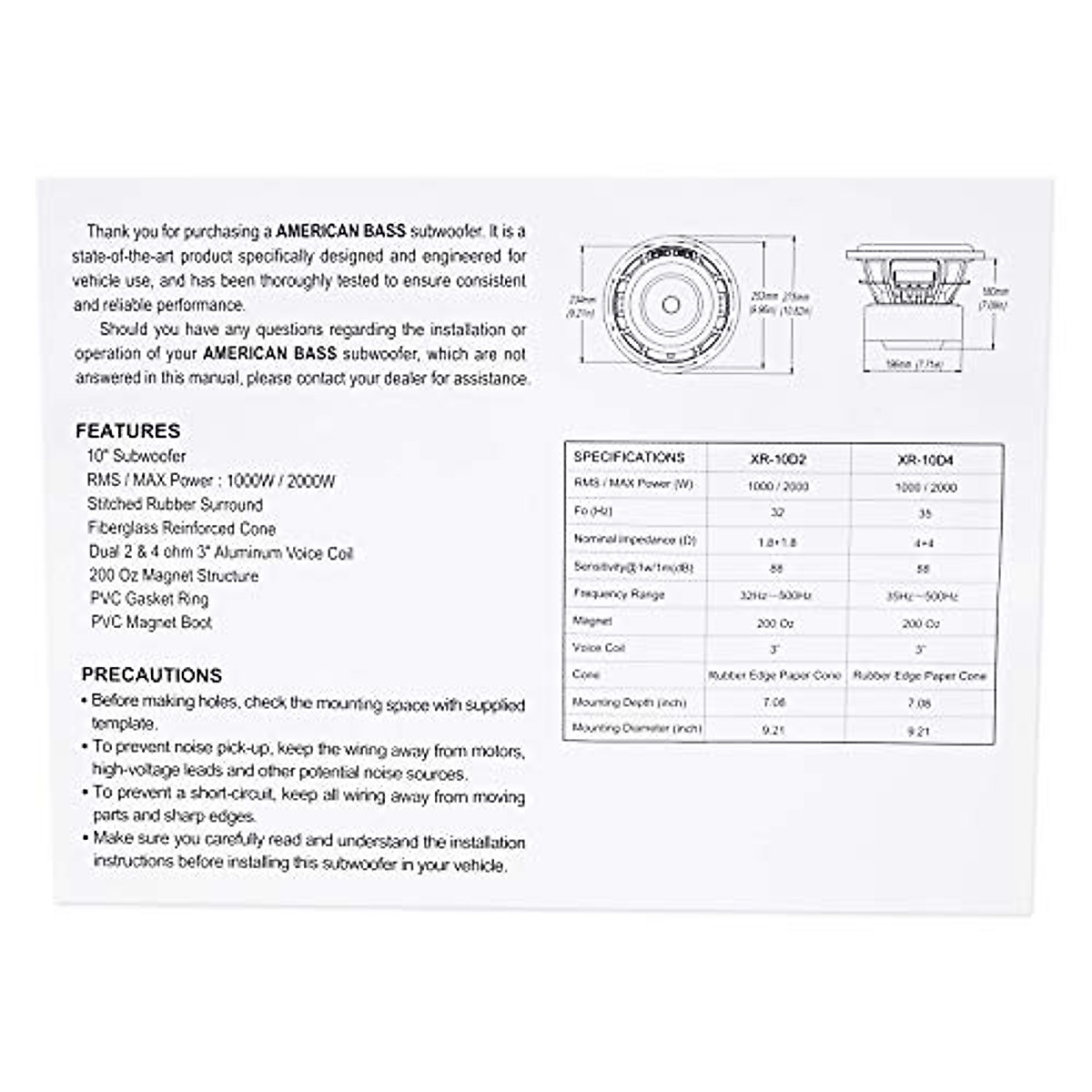 American Bass XR-10D2 10" Subwoofer Dual 2 Ohm 2000W Max 200 Oz. Magnet Single