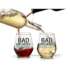Bad Influence - Funny Wine Glass for Women, Best Friend Gift For Women, Funny Gifts for Her, Birthday Gifts for Women or Men, Unique Gift for Girlfriend, Sister, BFF, 15oz Stemless Wine Glass