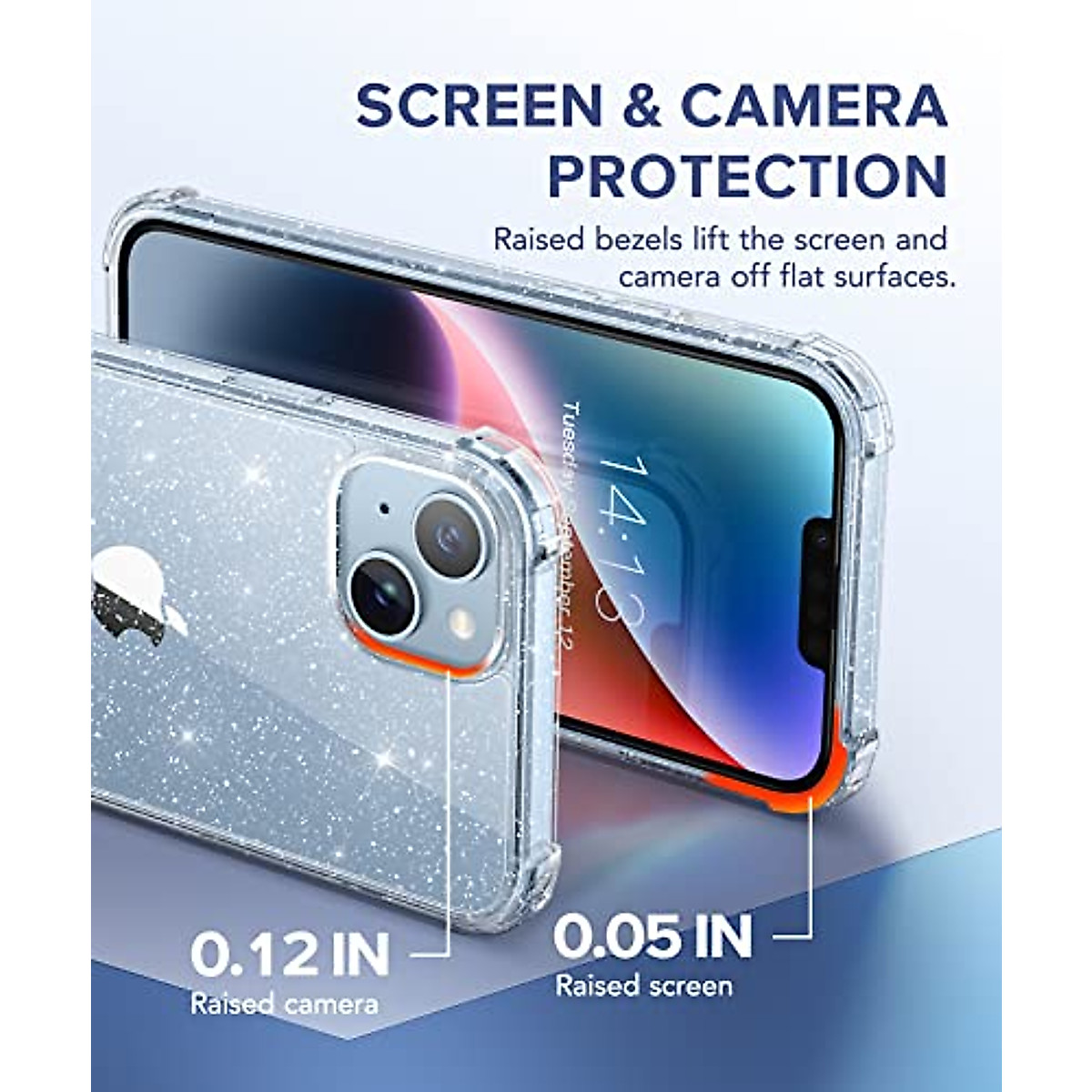 BERFY for iPhone 14 Case Glitter, with 2X Screen Protector + 2X Camera Lens Protector, [Not Yellowing] Sparkly Crystal Shockproof Hard Back Slim Protective Phone Cover for Women, 6.1" (Glitter Clear)