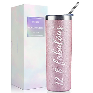 Onebttl Birthday Gifts for 12 Year Old Girl -12 & Fabulous - Tween Girl Gifts, Unique Design 20oz Skinny Tumbler, Novelty 12th Birthday Gifts for Girls, Card & Package Included - Pink