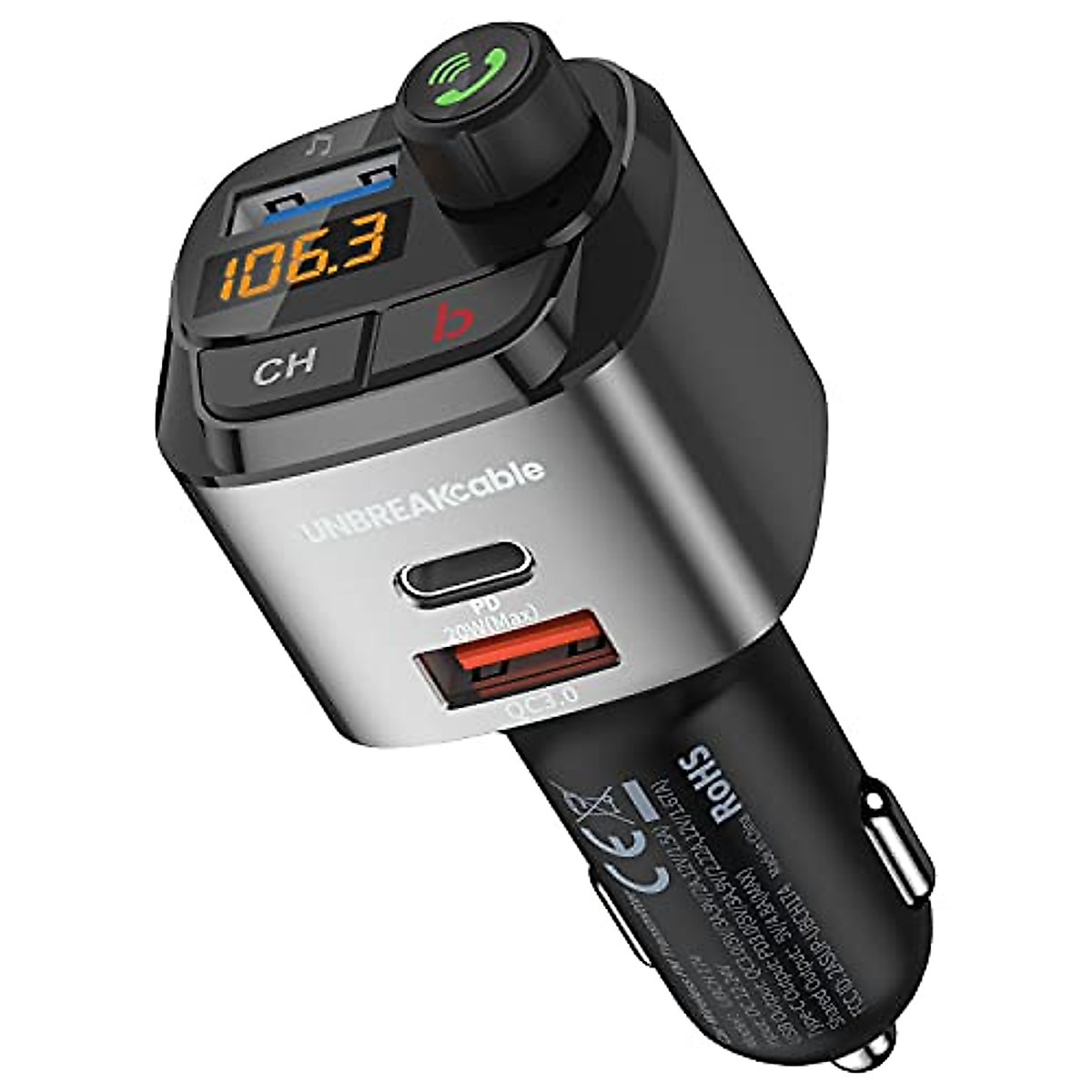 UNBREAKcable Bluetooth FM Transmitter for Car, Support QC3.0, 20W Wireless Bluetooth Radio Car Adapter Receiver MP3 Audio Music Player FM Transmitters, Type C PD20W Handsfree Call Car Charger