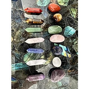 CrystalsAhoy 3" Selenite Charging Plate with TWO Chakra Sets included, polished round and double pointed chakra crystals