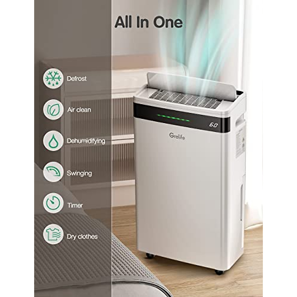 Dehumidifiers for Home and Basement, Grelife 4,500 Sq. Ft 50 Pint Dehumidifier with Drain Hose, 3 Modes, Child Lock, 24H Timer,Defrost,Dry clothes,Easy-to-clean filter,for Large Room, Bedroom,bathroom