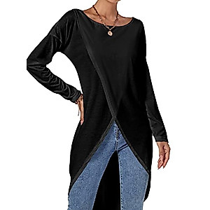 LYANER Women's High Low Long Sleeve Wrap Front Split Hem Long Shirt Blouse Tunic Top Solid Black Large
