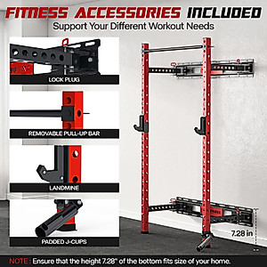 Mappding Folding Squat Rack Wall Mounted, 1100LBS Foldable Squat Power Rack Weight Cage with Pull Up Bar, J-Cups, Landmine and Partable Space Saving Free Standing for Home Gym Garage Workout, Red