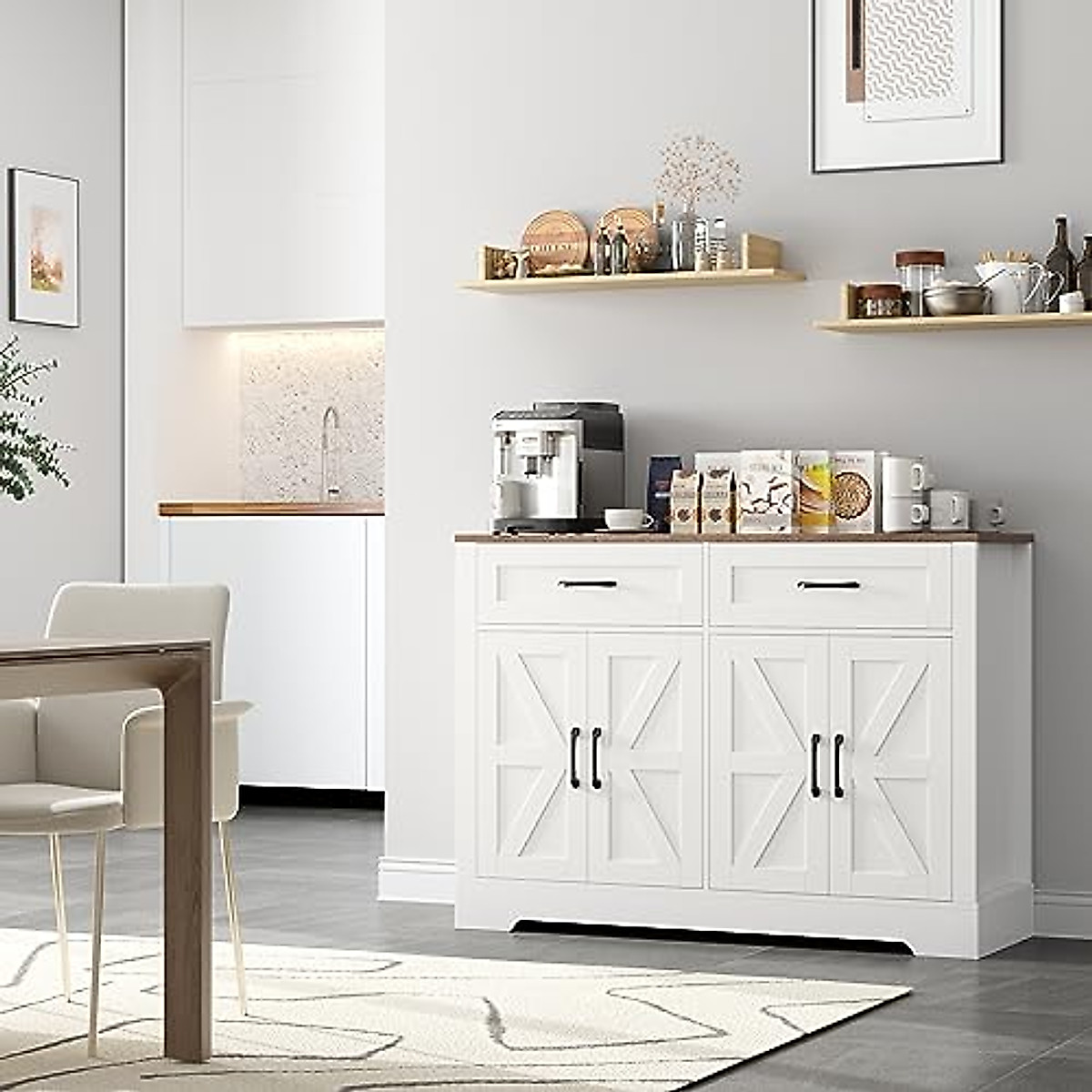 BOTLOG Farmhouse Buffet Cabinet with Storage, 47.2" Sideboard Storage Cabinet with Drawers Coffee Bar Cabinet for Kitchen, Dining Room, Hallway, White