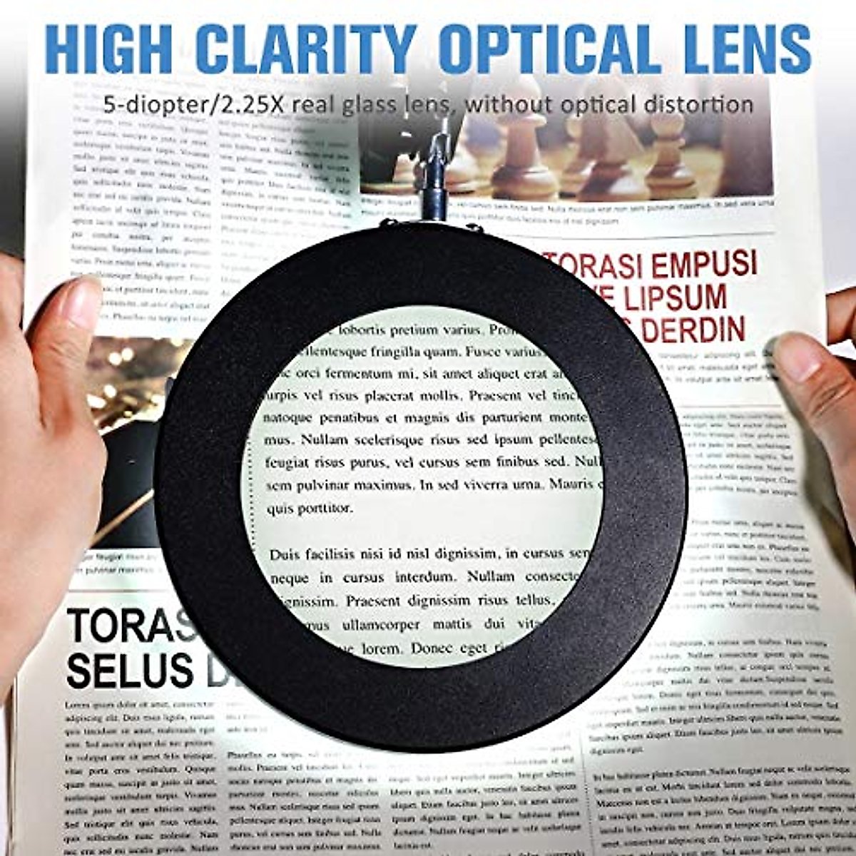 LANCOSC Magnifying Glass with Light and Stand, 3 Color Modes Stepless Dimmable, 5-Diopter Glass Lens, Adjustable Swivel Arm, LED Magnifier Desk Lamp for Close Work, Repair, Crafts, Reading - Black
