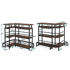 Tribesigns Home Bar Unit, L-Shaped Liquor Bar Table with 4 Glasses Holders and 4 Tier Shelves, Wine Bar Cabinet Mini Bar for Home Kitchen Pub, Freestanding Coffee Bar Table with Footrest, Rustic Brown