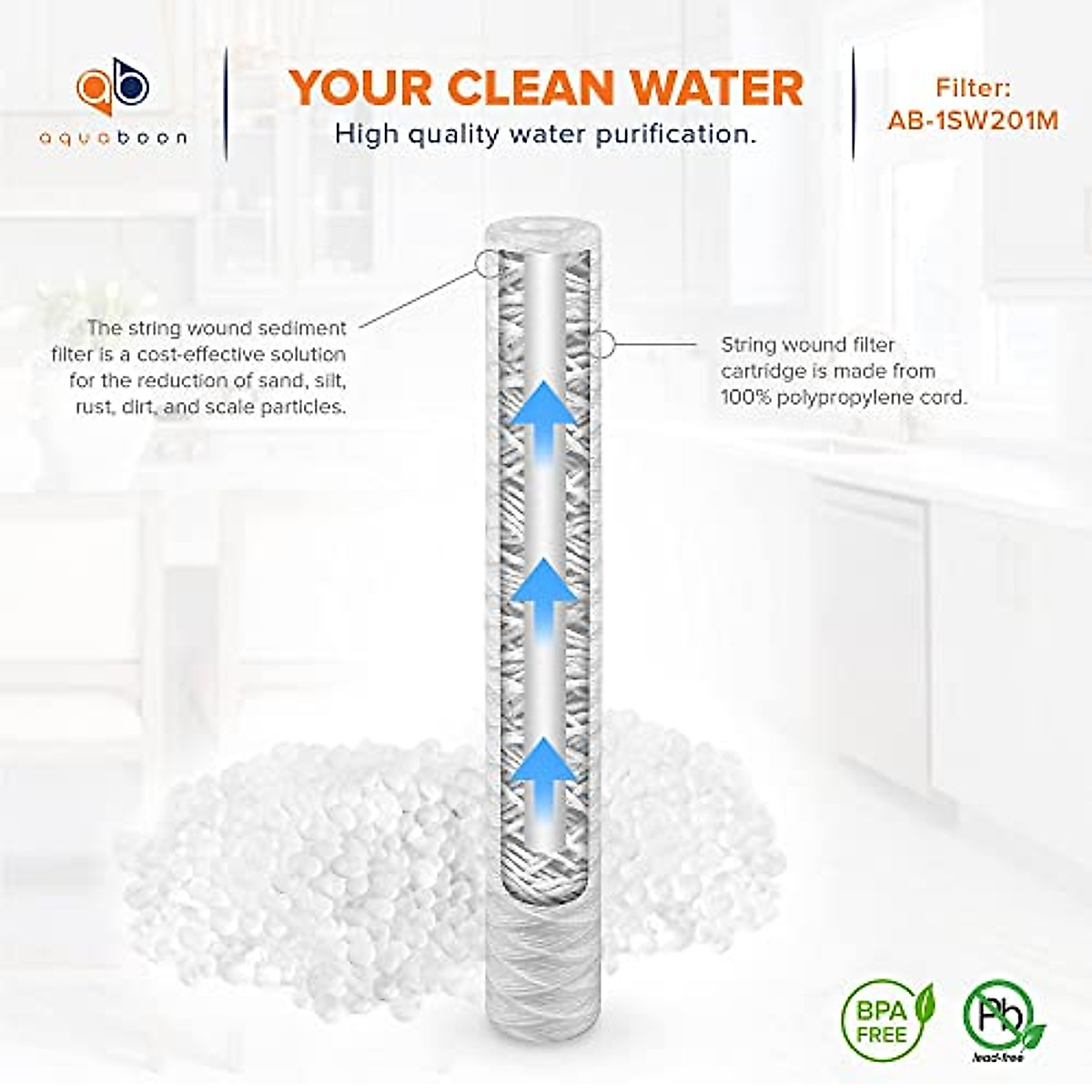 Aquaboon 1 Micron 20" x 2.5" String Wound Sediment Water Filter Cartridge | Universal Replacement for Any 20 inch RO Unit | Compatible with 101-230, PD-5-20, AP110-2C, P5-20, CFS124-C20, 6-Pack