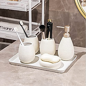 BLBYHO 6 Pieces Textured Ceramic Beige Bathroom Accessory Set, Farmhouse Bath Vanity Countertop Accessory Set, Include Soap Dispenser, Toothbrush Holder, 2 Tumbler, Soap Dish…
