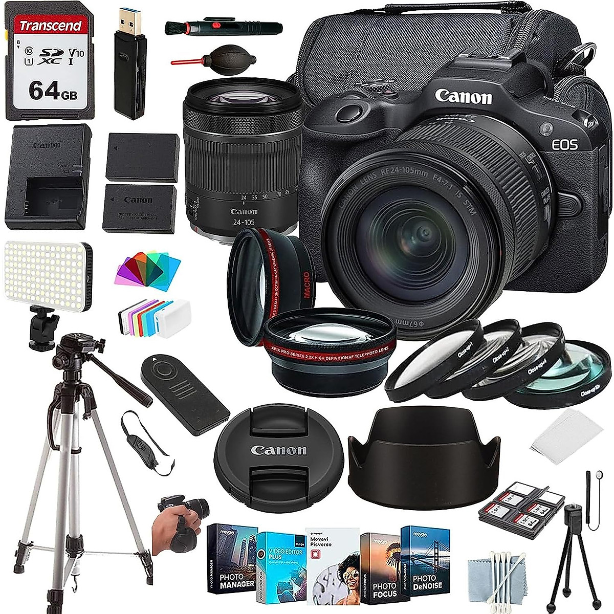 Canon EOS R100 Mirrorless Camera with 24-105STMmm Lens+Bag+Tripod+Software+Filters+64 Gig Card(30PC Bundle Kit) (Renewed)