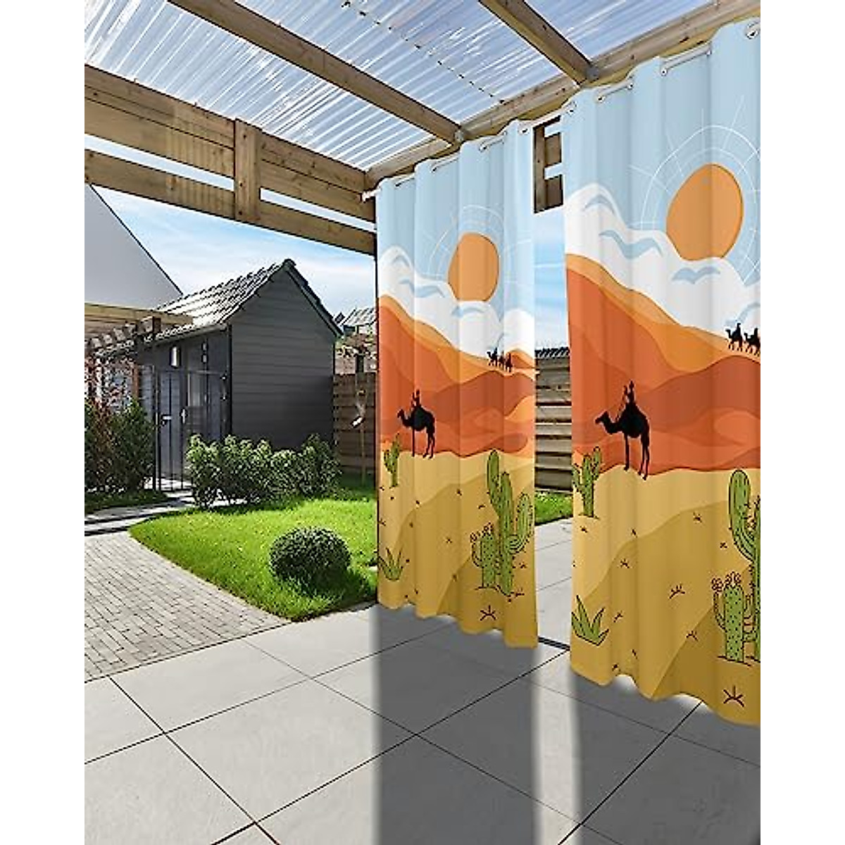Outdoor Curtains for Patio 2 Panels Set Cartoon Cactus and Camel under the Clouds Blue Waterproof Privacy Outside Curtain Sun Blocking Grommet Drapes for Porch Gazebo Pergolas Balcony 52x108 Inch
