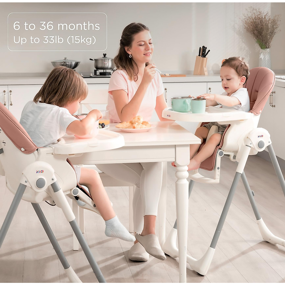 KÜB 3-in-1 Foldable Baby High Chair | 7 Height & 4 Recline Adjustable | Removable Seat & Tray for Easy Clean | 2 Locking Wheels | Multifunctional Infant Highchair for Babies Toddlers Girl (Pink)