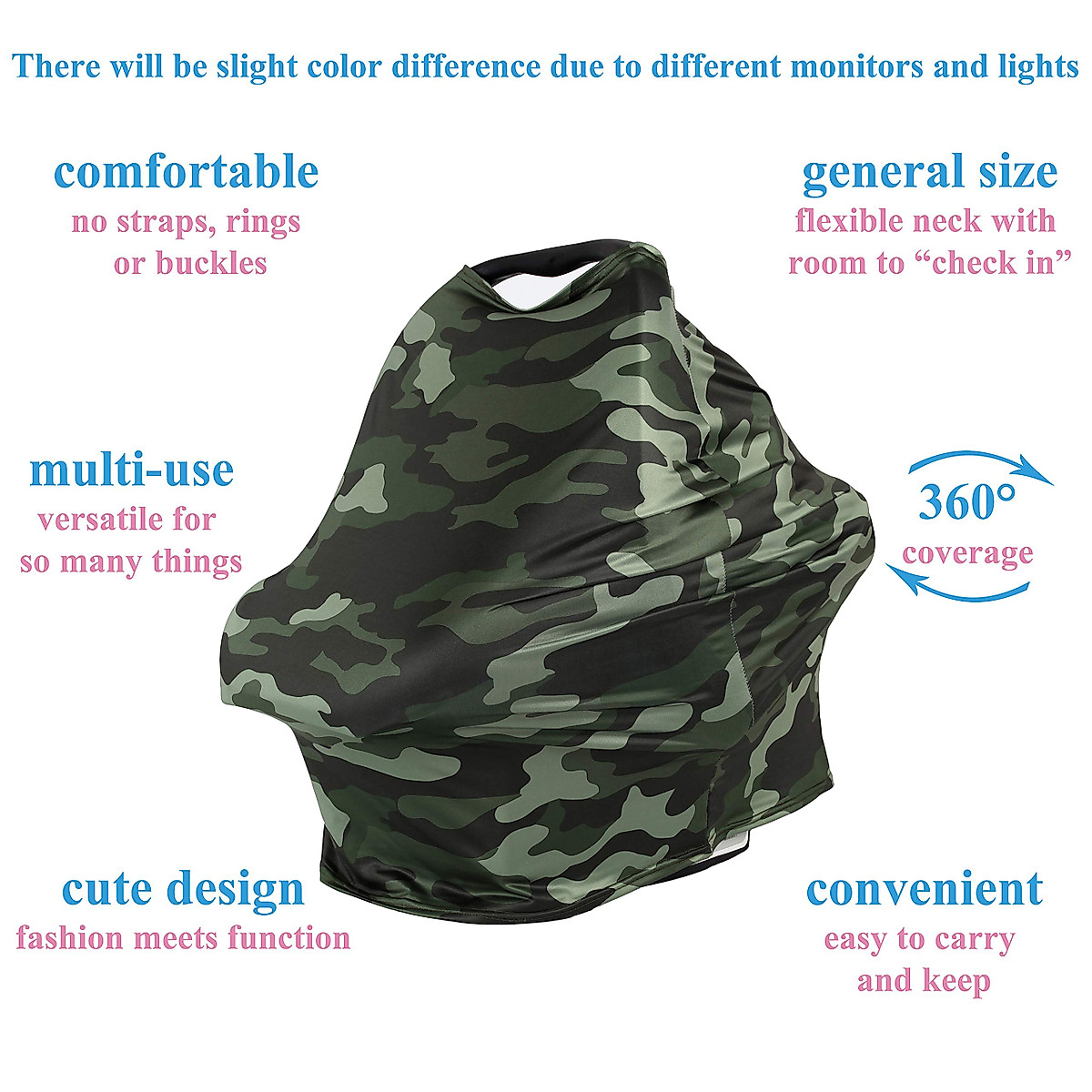 TUOKING Car Seat Covers for Babies, Multi-Use Cover-Silky Mom Nursing Cover Infant Breastfeeding Scarf Shopping Cart High Chair Ultra-Soft Stretchy for Boys and Girls Camo