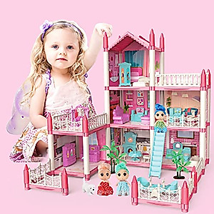 Doll House Dream House for Girls - DIY 3 Story 6 Rooms Pink Dollhouse with 6 Dolls Toy Figures, Pet Dog, Furniture, Pretend Play House with Accessories, Ideal Birthday Toy for Girls
