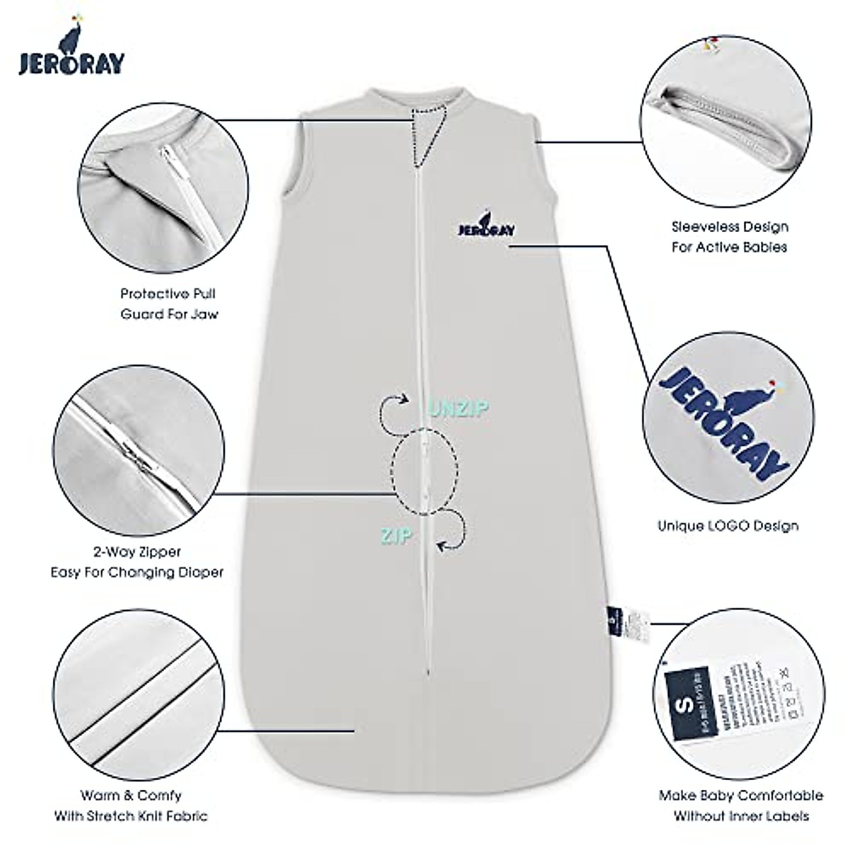 Jeroray Wearable Blanket-Stretchy Sleeping Bag,(0-6 Months) TOG 1.0,2-Pack,2 Way Zipper,Unisex,Owl&Solid Grey,Small