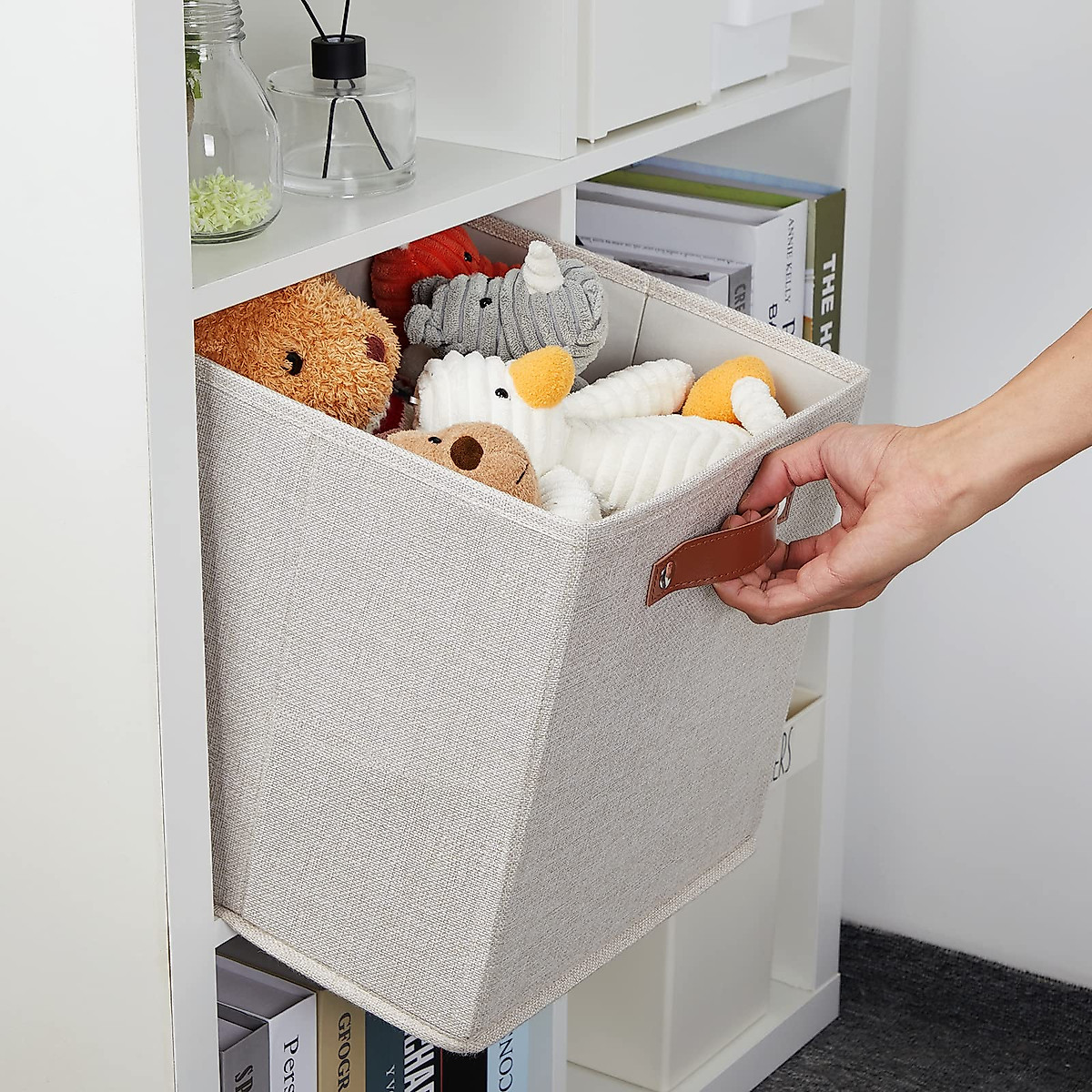 DULLEMELO 12inch Cube Storage Baskets for Shelves Closet Storage,Sturdy Home Organization Bins for Gifts Empty,Foldable Fabric Storage Cubes Baskets for Nursery Toys Clothes Storage(Beige-4 Pack)