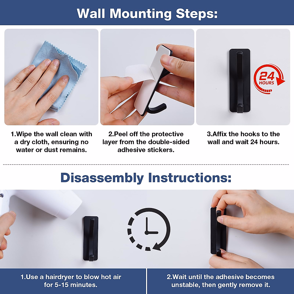 FIESTAJOY Matte Black Bathroom Towel Hooks - Wall Adhesive Coat/Robe Hooks,Heavy Duty Aluminum Shower Hooks for Bathroom Kitchen Bedroom,No Drilling Sticky Hooks for Hanging Rube Hat(4 Pack)