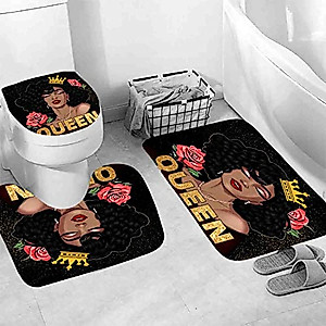 MrLYouth African American Sexy Women Bathroom Sets with Shower Curtain,Non-Slip Rugs,Bath Mat,Toilet Lid Cover,Accessories with 12 Hooks,Super Soft Waterproof Fancy Afro Girl Bathroom Decor 4 Pcs