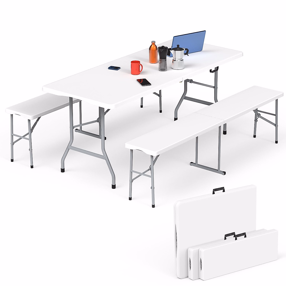 HLPB Folding Table Picnic Table Set, 6 ft Camping Table with 2 Benches, Outdoor Indoor Portable Folding Table for Working Meeting Parties, Camping, Picnic, Weddings w/Handle and Safety Locks, White