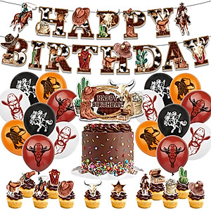 Western Cowboy Birthday Party Decorations Set with Western Cowboy Theme Happy Birthday Banner Balloon Cake Topper Cupcake Topper Background for Western Cowboy Party Supplies