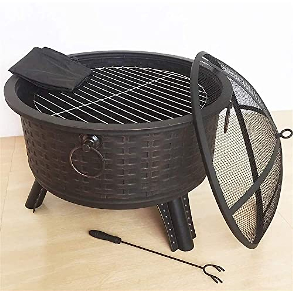 LEAYAN Garden Fire Pit Grill Bowl Grill Barbecue Rack Outdoor Fire Pit, Wood Burning Fire Pit with Spark Screen, Steel Fire Pit, Fire Pits for Outside, Bonfire, Party, BBQ, Patio & Garden, Black