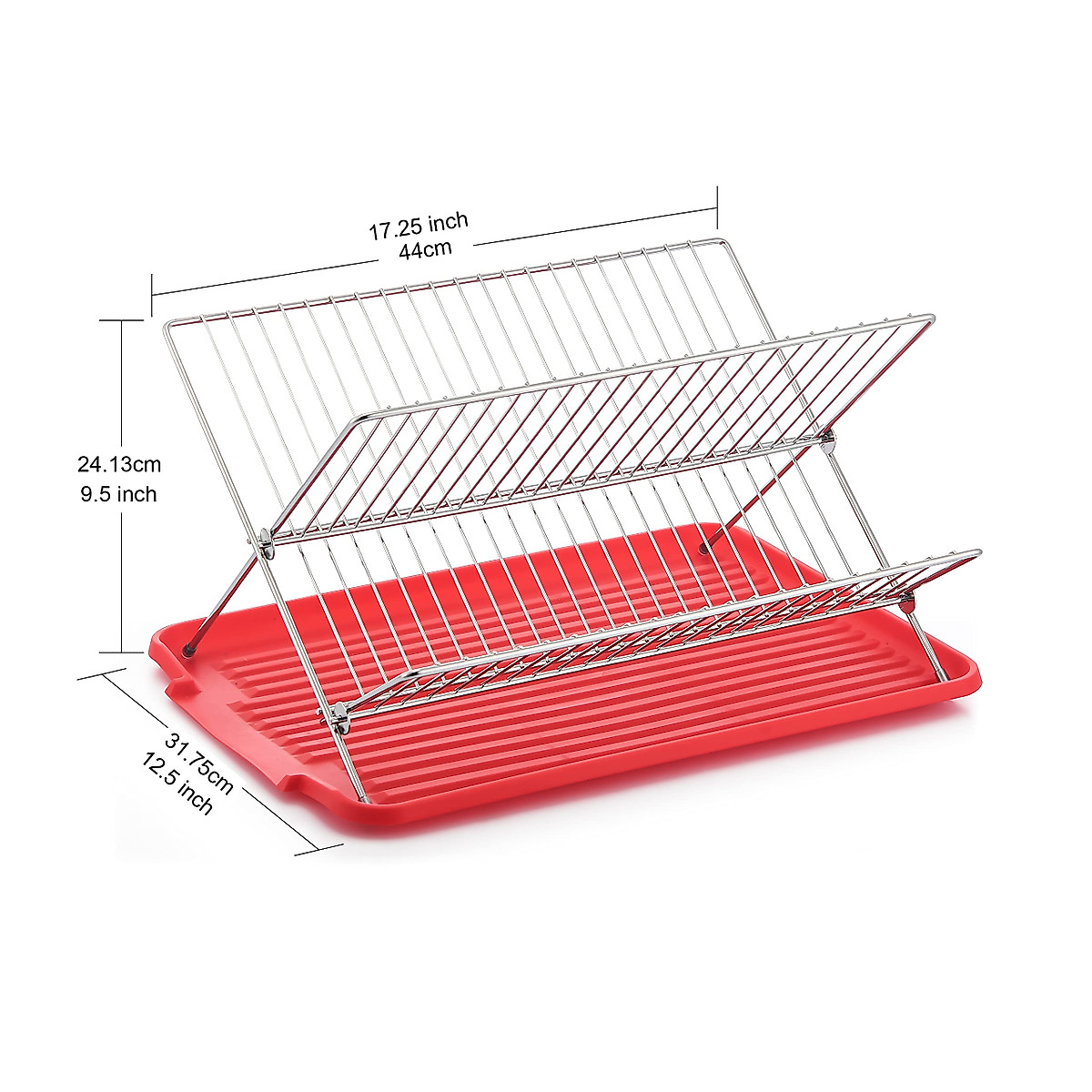 J&V TEXTILES Foldable Dish Drying Rack with Drainboard, Stainless Steel 2 Tier Dish Drainer Rack, Collapsible Dish Drainer, Folding Dish Rack for Kitchen Sink, Countertop, Cutlery, Plates (Red)