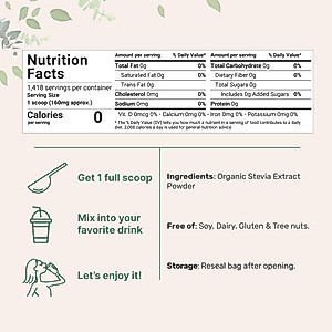 Pure Organic Stevia Powder, 8 Ounces, 1418 Serving, High Grade Stevia Green Leaf Extract Reb-A, Reduced Bitter Aftertaste, 0 Calorie, Natural Sweetener, Sugar Alternative, Keto Friendly