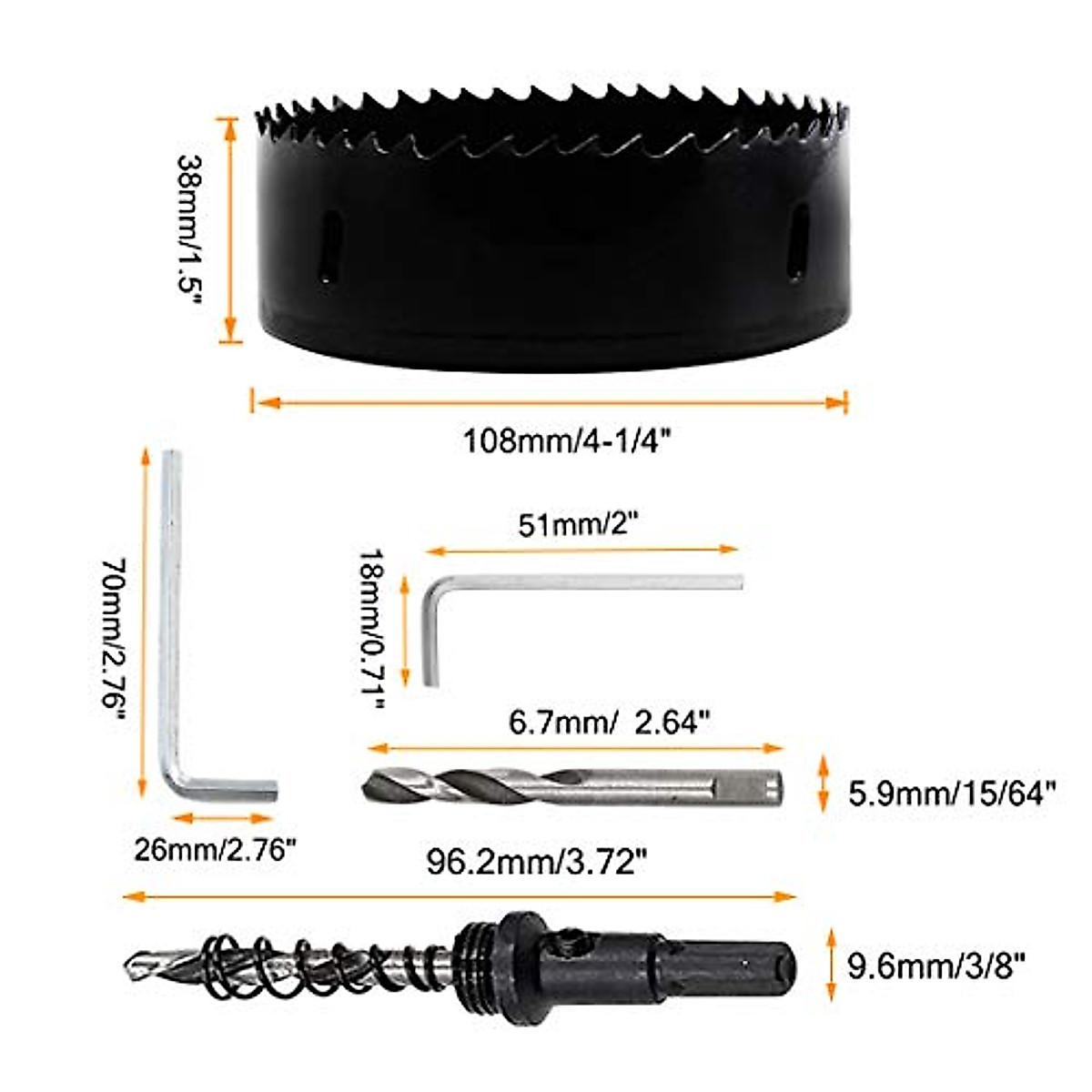 PHITUODA 4-1/4" / 108mm Hole Saw with Hex Shank Drill Bit Adapter, 38mm Cutting Depth HSS Bi-Metal Hole Cutter Corn Hole Saw for Recessed Light, Smoothly Cutting in Wood Plastic Drywall and Thin Metal