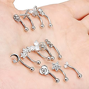 Vsnnsns 16G Rook Daith Piercing Jewelry Stainless Steel 8mm Curved Barbell Eyebrow Rings Helix Tragus Belly Lip Rings CZ Piercing Jewelry Cartilage Daith Rook Earrings for Women Men 12pcs Silve