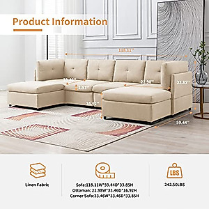 linor Modern U Shaped Convertible Sofa Couch,118'' Modular Sectional Sofa with Tufted Back Cushion, 6 Seat Oversized Sectionals Sofa Couch with Ottomans for Living Room (Linen,Beige)