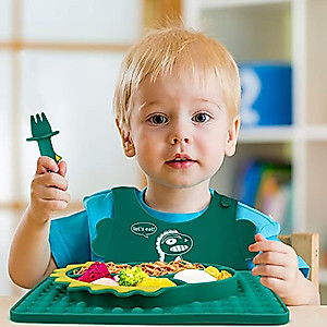 KIYTARBOO Baby Feeding Supplies for Kids and Toddlers - Baby Led Weaning Supplies Includes Plate, Baby Bib, Fork and Spoon Utensils Flatware Baby Eating Set - Durable, Dishwasher Safe -Dinosaur